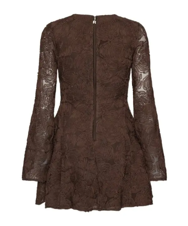 ROTATE BY BIRGER CHRISTENSEN Flower Mesh Long Sleeve Mini Dress - Dark Brown