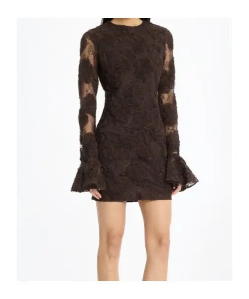 ROTATE BY BIRGER CHRISTENSEN Flower Mesh Long Sleeve Mini Dress - Dark Brown