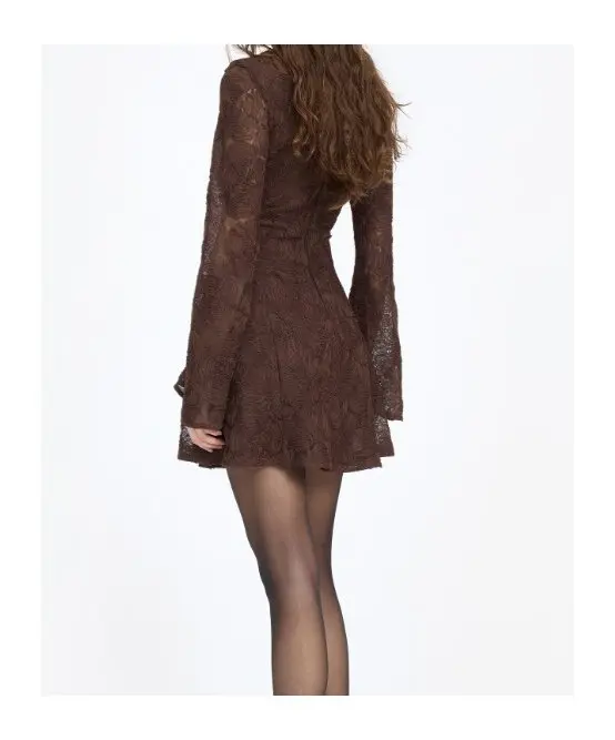 ROTATE BY BIRGER CHRISTENSEN Flower Mesh Long Sleeve Mini Dress - Dark Brown