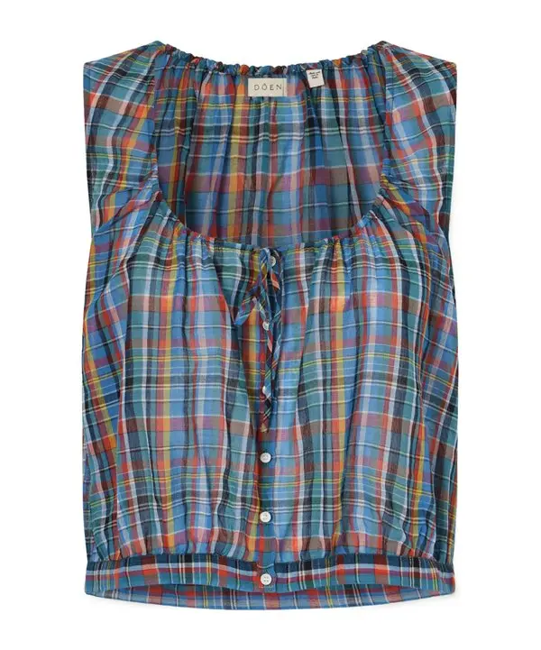 DÔEN Gathered Checked Organic Cotton-voile Top
