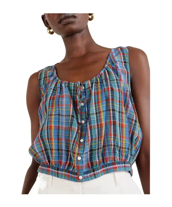 DÔEN Gathered Checked Organic Cotton-voile Top