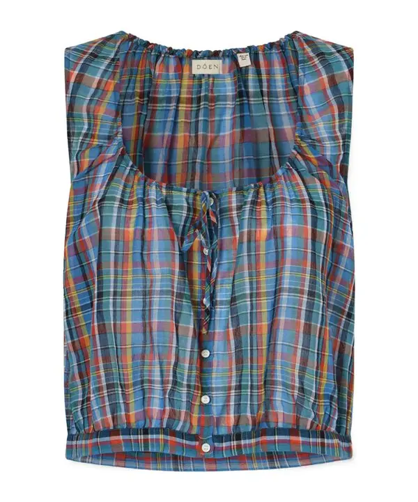 DÔEN Gathered Checked Organic Cotton-voile Top - No