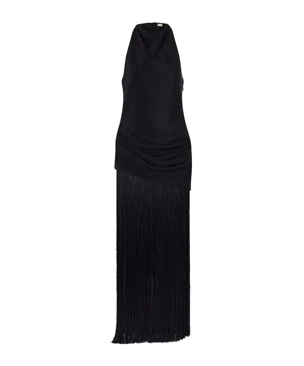 Cult Gaia Fringed Silk Halterneck Maxi Dress