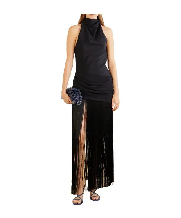 Cult Gaia Fringed Silk Halterneck Maxi Dress