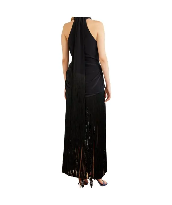 Cult Gaia Fringed Silk Halterneck Maxi Dress