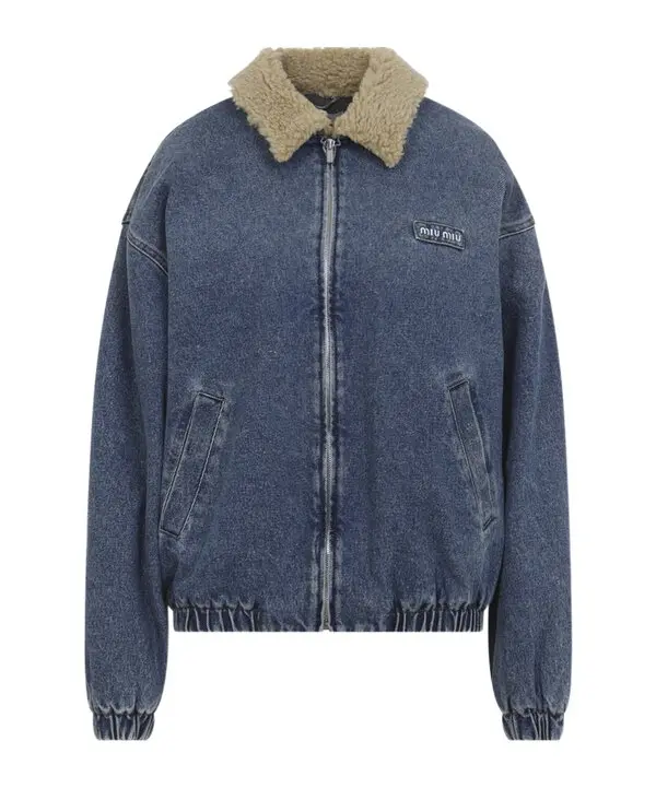 Miu Miu Shearling-collar Logo-patch Denim Jacket - Blue