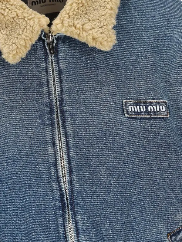 Miu Miu Shearling-collar Logo-patch Denim Jacket - Blue