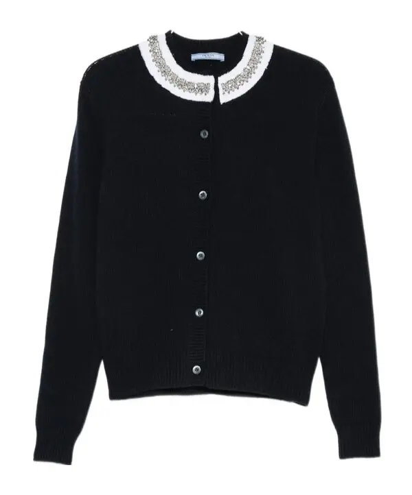 Prada Crystal-embellished Ruffled-collar Cardigan