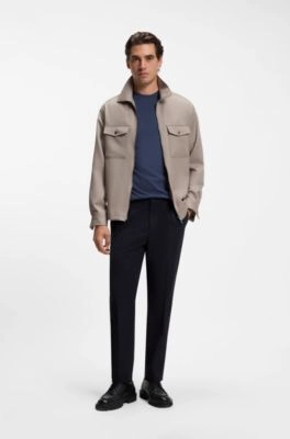 BOSS Italian Micro-patterned Stretch Cotton Tapered-fit Formal Pants - Dark Blue