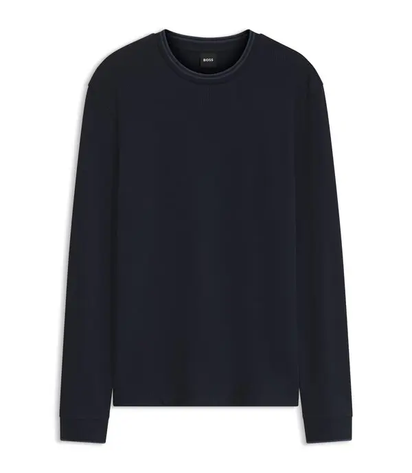BOSS Long-sleeve T-shirt In Waffle-textured Stretch Cotton - Dark Blue