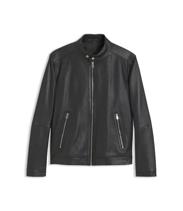 BOSS Grained Leather Zip-up Jacket With Logo Trim