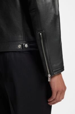 BOSS Grained Leather Zip-up Jacket With Logo Trim