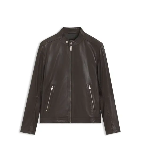BOSS Grained Leather Zip-up Jacket With Logo Trim - Light Brown