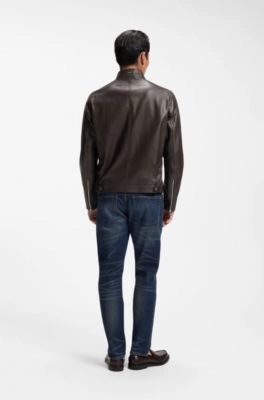 BOSS Grained Leather Zip-up Jacket With Logo Trim - Light Brown