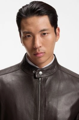 BOSS Grained Leather Zip-up Jacket With Logo Trim - Light Brown