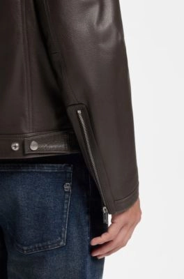 BOSS Grained Leather Zip-up Jacket With Logo Trim - Light Brown