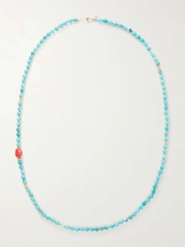 PEYOTE BIRD Ritual 14kt Gold, Turquoise And Coral Beaded Necklace - Blue