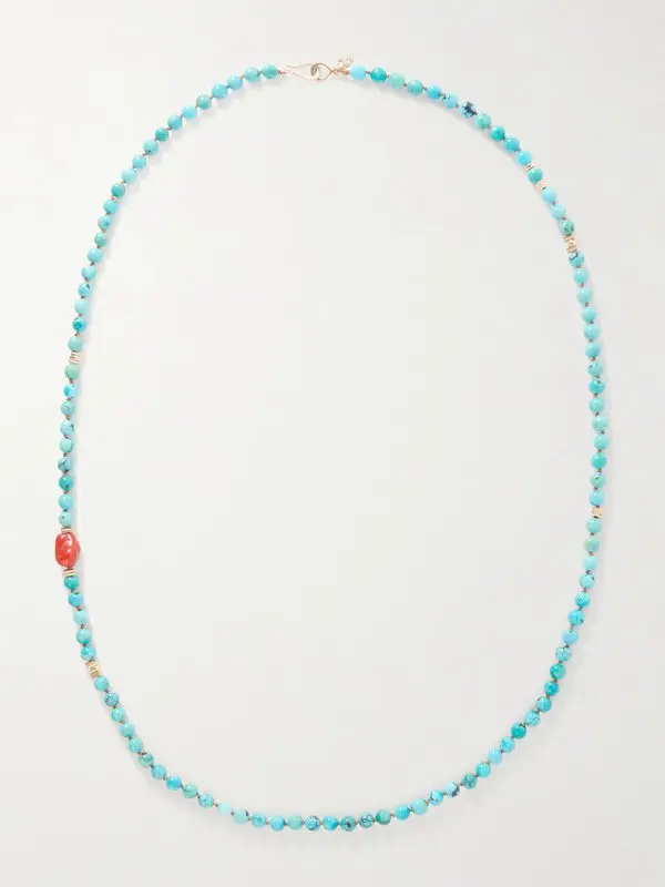 PEYOTE BIRD Ritual 14kt Gold, Turquoise And Coral Beaded Necklace - Blue