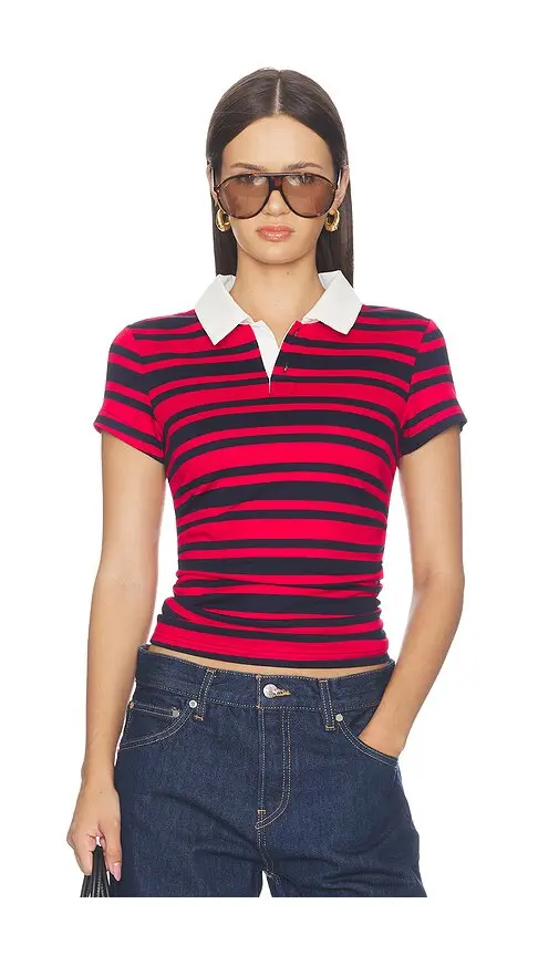 Superdown Ruched Polo Tee With Striped Print