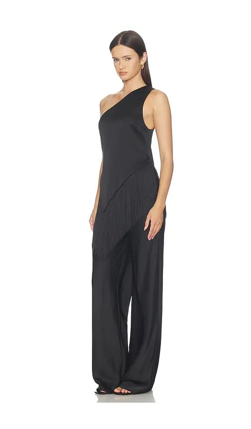 LOVERS AND FRIENDS Asymmetrical Fringe Satin Top - Black