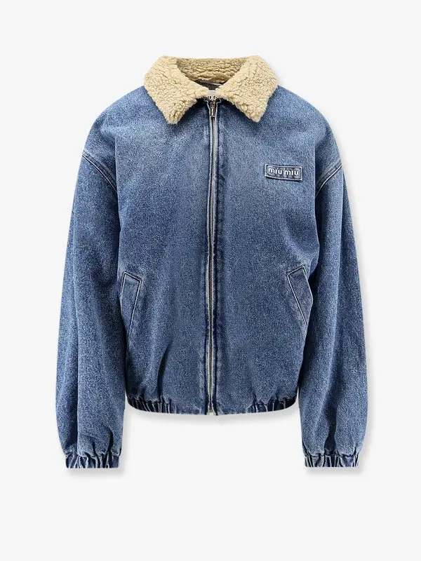 Miu Miu Denim Jacket With Faux Fur Collar And Logo Patch