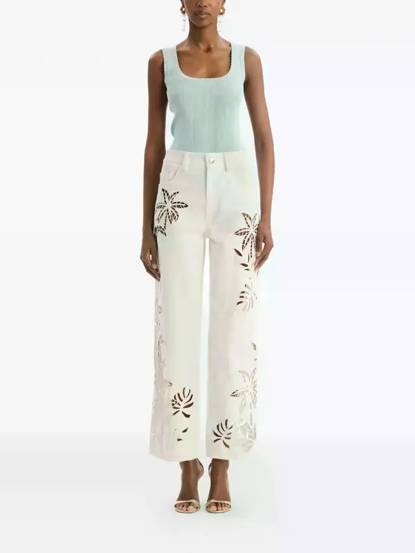 Oscar De La Renta Palm Leaves Cutout Denim Pant - White