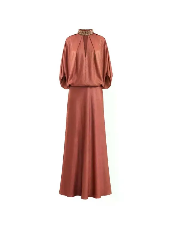 GEMY MAALOUF Embellished High Neck Keyhole Maxi Dress - Brown