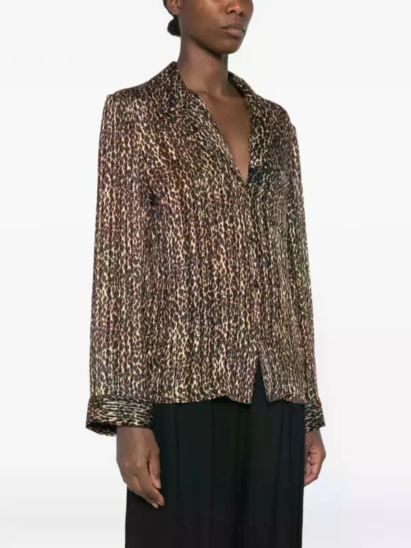 Saint Laurent Leopard Print Lurex Stripe Pajama Collar Blouse