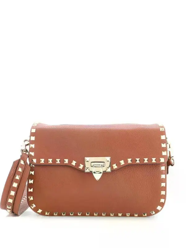 Valentino Garavani Rockstud Flip Lock Flap Bag Leather Large Shoulder Bag - Brown