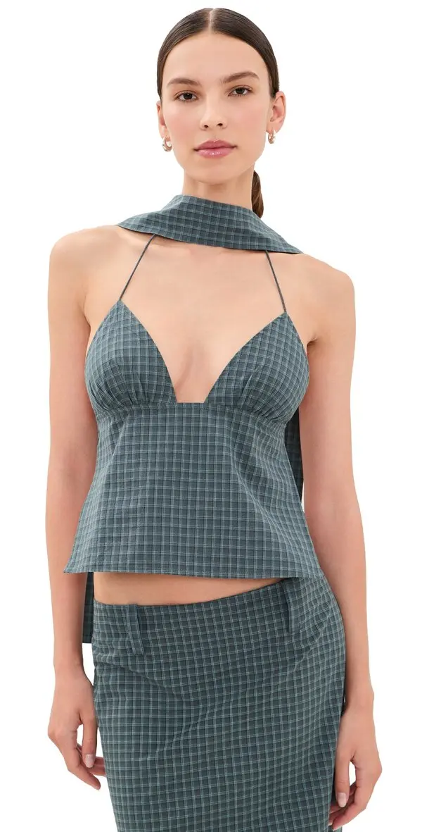 Lioness Play On Halter Top With Detachable Scarf In Plaid