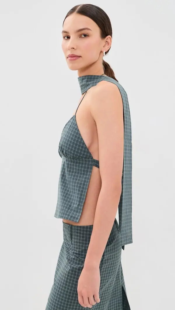 Lioness Play On Halter Top With Detachable Scarf In Plaid