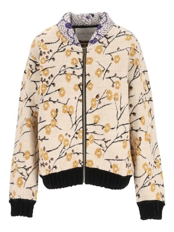 FORTE_FORTE Cherry Blossom Jacquard Bomber Jacket With Ruffled Edges - White