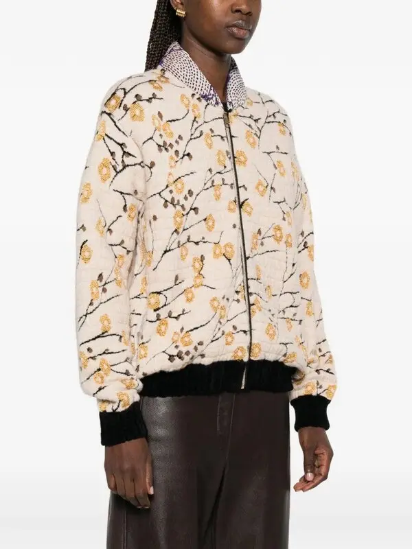 FORTE_FORTE Cherry Blossom Jacquard Bomber Jacket With Ruffled Edges - White