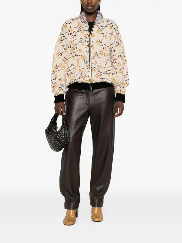 FORTE_FORTE Cherry Blossom Jacquard Bomber Jacket With Ruffled Edges - White