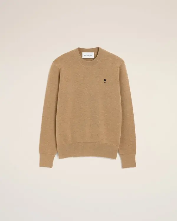 AMI Paris Crewneck Wool Sweater With De Coeur Embroidery - Camel Chine/black