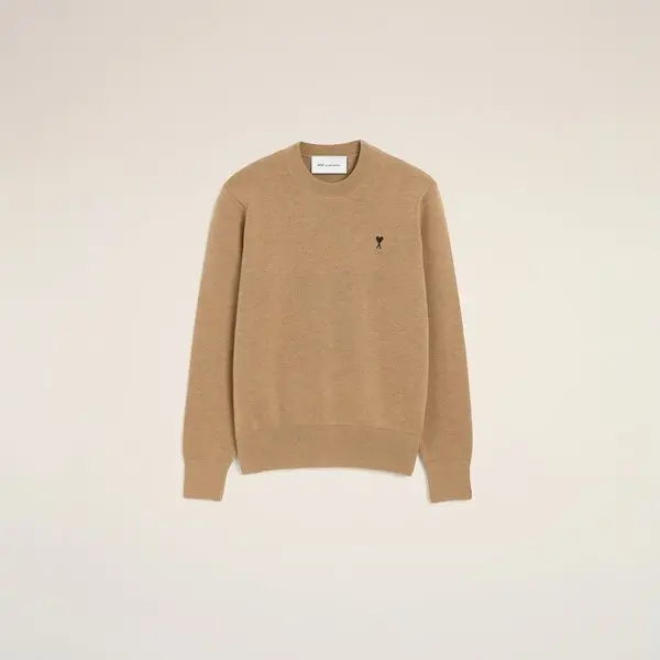 AMI Paris Crewneck Wool Sweater With De Coeur Embroidery - Camel Chine/black