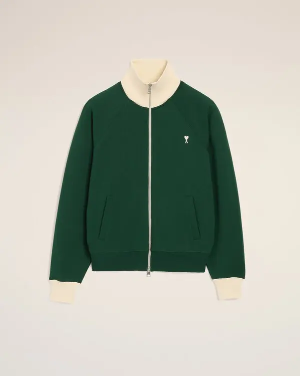 AMI Paris Green Zipped Cotton Sweatshirt With De Coeur Green