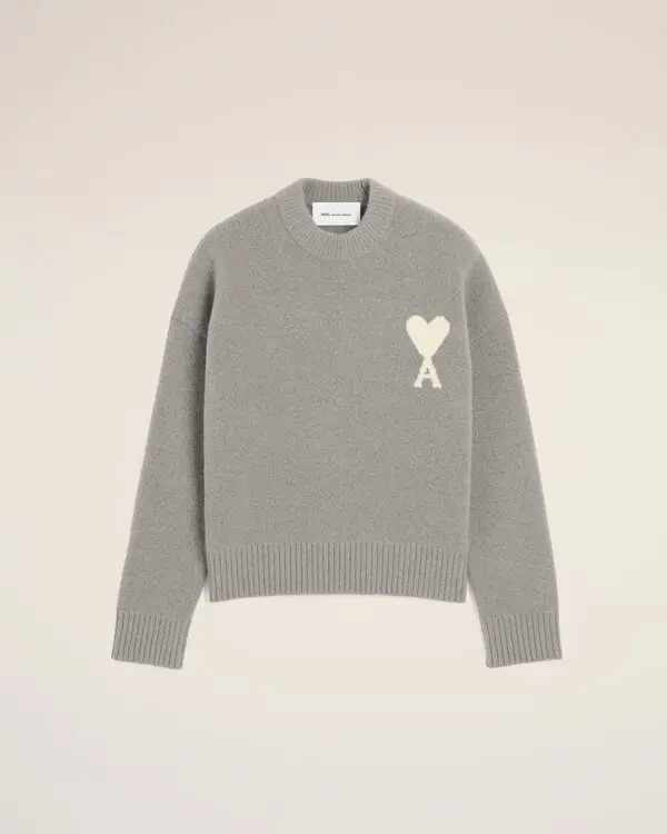 AMI Paris Grey Crewneck Alpaca Sweater With De Coeur