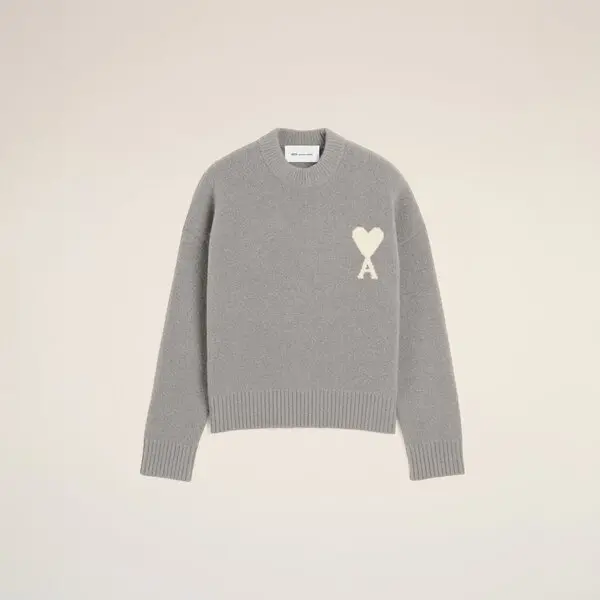 AMI Paris Grey Crewneck Alpaca Sweater With De Coeur - Ash Gray/ecru