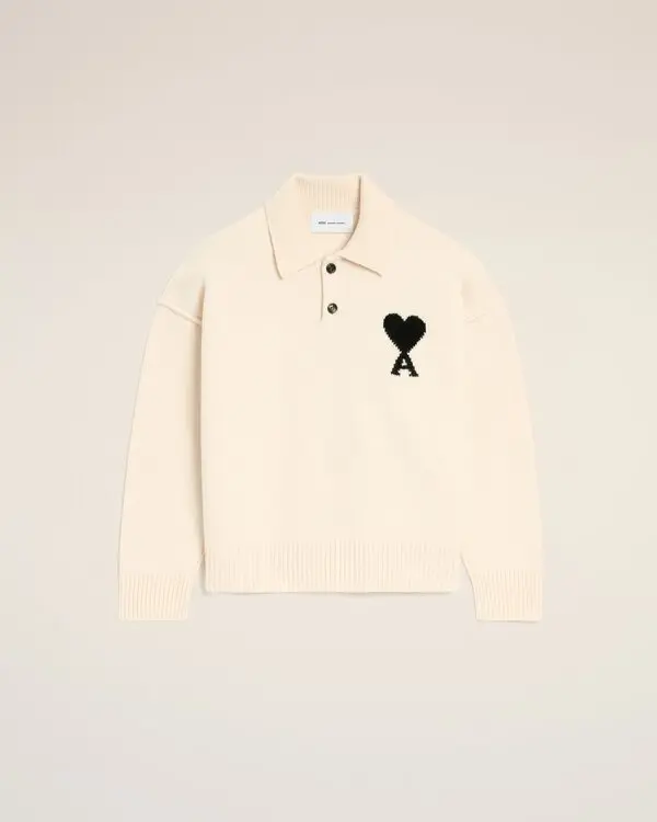 AMI Paris White Wool Polo With De Coeur White - Off White/black