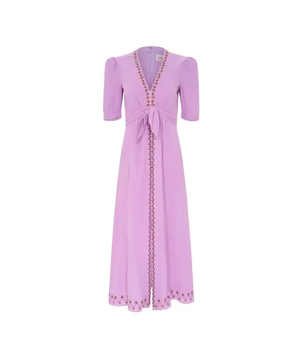 Saloni V-neck Dress With Bubble Sleeves And Front Tie Detail