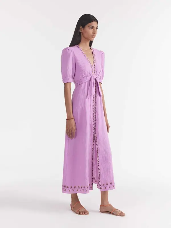Saloni V-neck Dress With Bubble Sleeves And Front Tie Detail