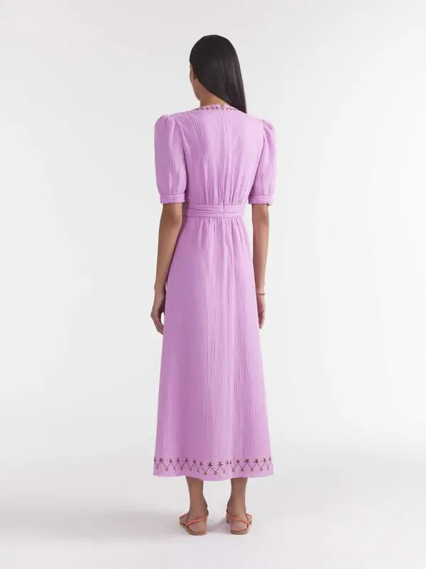 Saloni V-neck Dress With Bubble Sleeves And Front Tie Detail