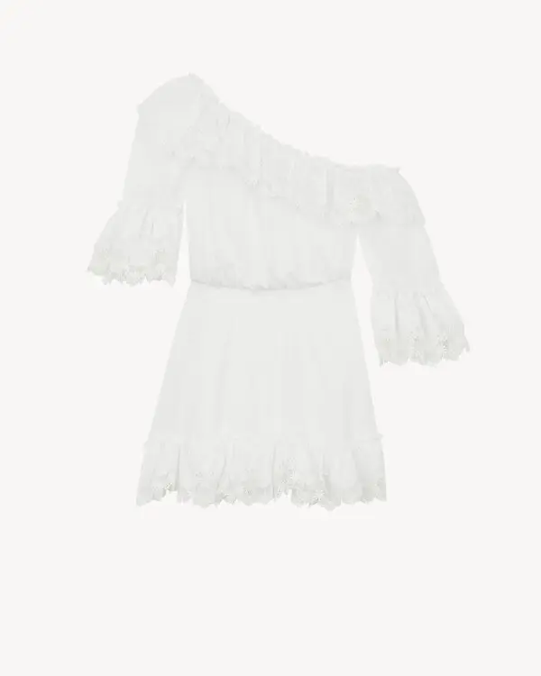 Saint Laurent One-shoulder Ruffled Dress In Cotton Poplin