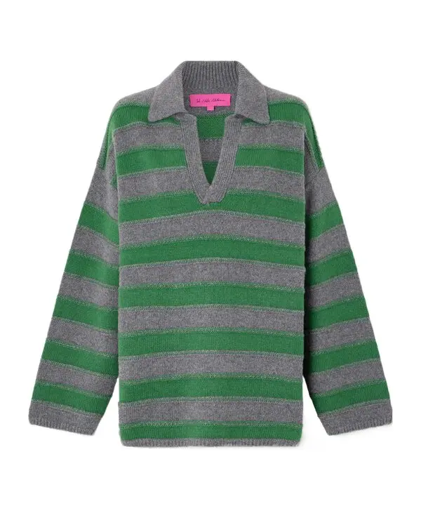 THE ELDER STATESMAN Striped Cashmere Polo Sweater - Gray/green