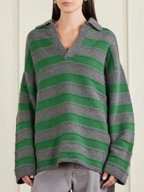 THE ELDER STATESMAN Striped Cashmere Polo Sweater - Gray/green