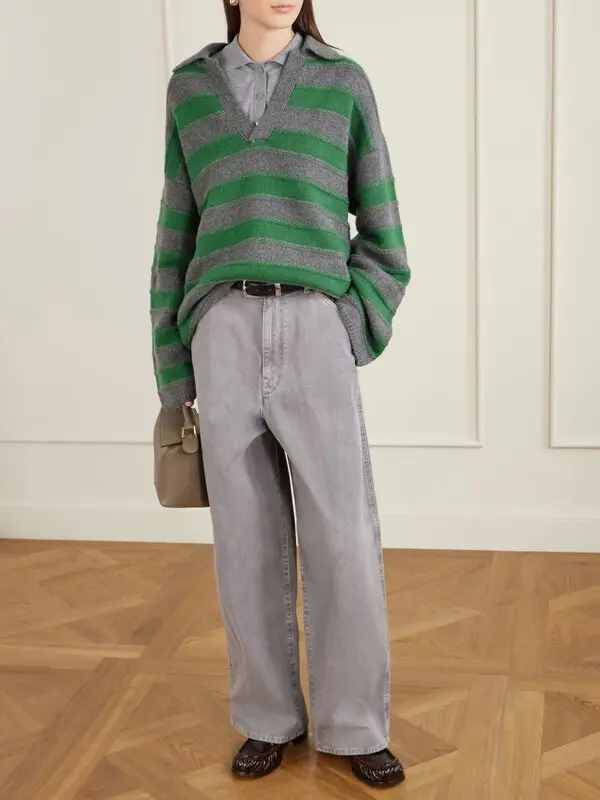 THE ELDER STATESMAN Striped Cashmere Polo Sweater - Gray/green