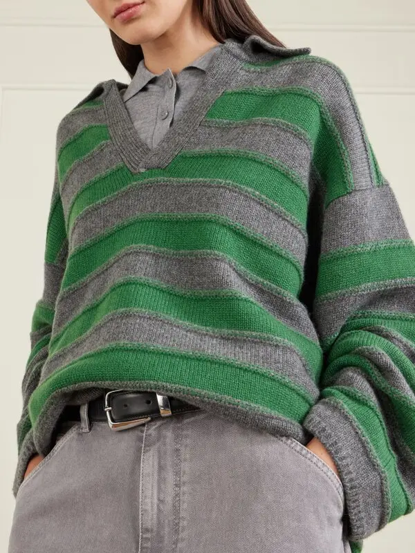 THE ELDER STATESMAN Striped Cashmere Polo Sweater - Gray/green