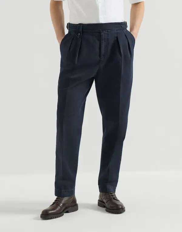 Brunello Cucinelli Cotton Chevron Trousers With Double Pleats And Waist Tabs - Navy Blue