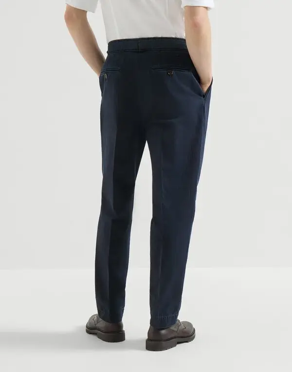 Brunello Cucinelli Cotton Chevron Trousers With Double Pleats And Waist Tabs - Navy Blue